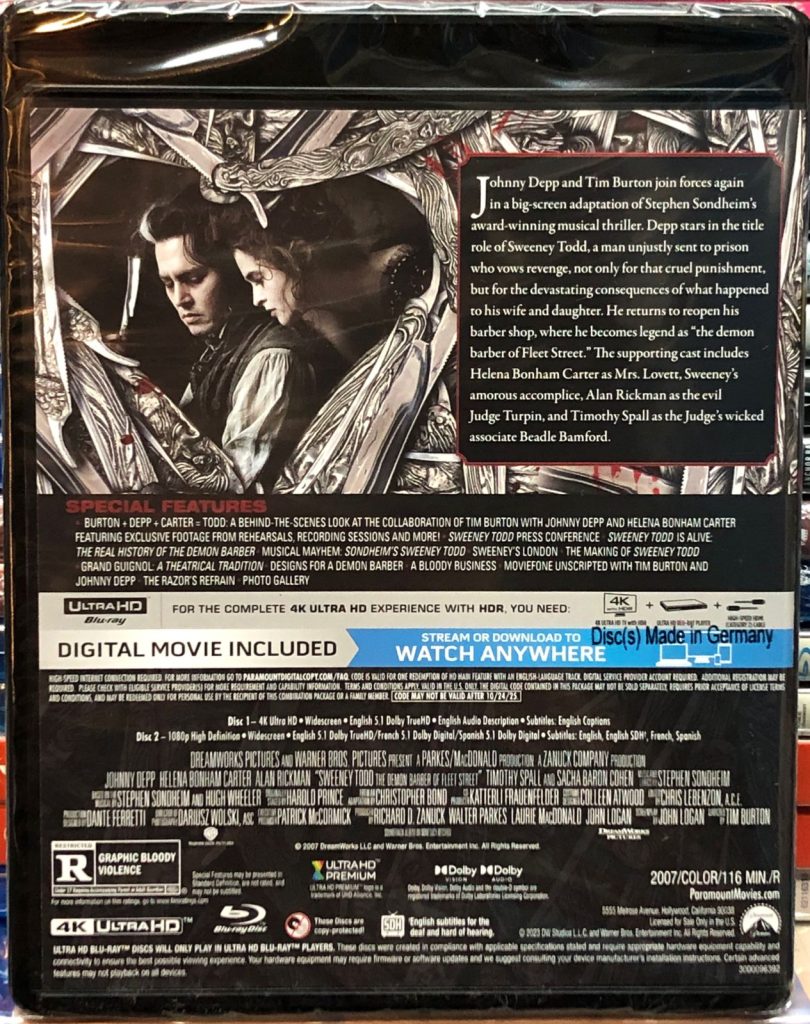 Sweeney Todd: The Demon Barber of Fleet Street UHD4K + Blu-Ray ...
