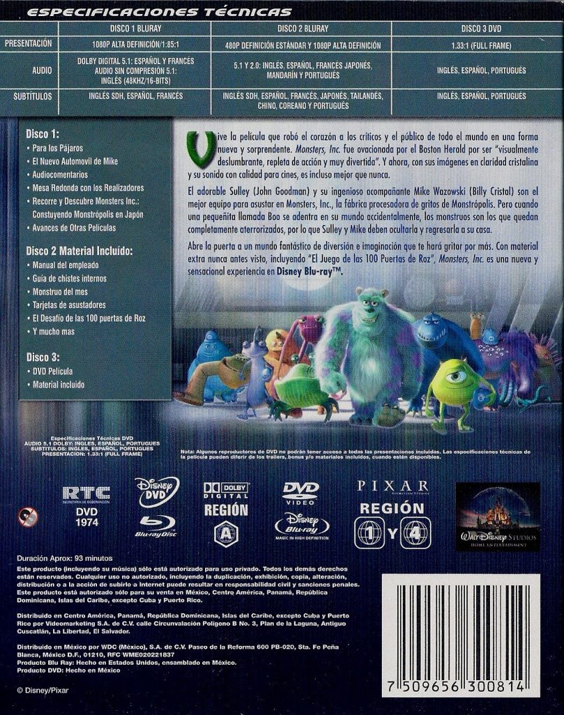 Monsters, Inc. Blu-Ray + DVD ZONA 1 (incluye slipcover) – fílmico